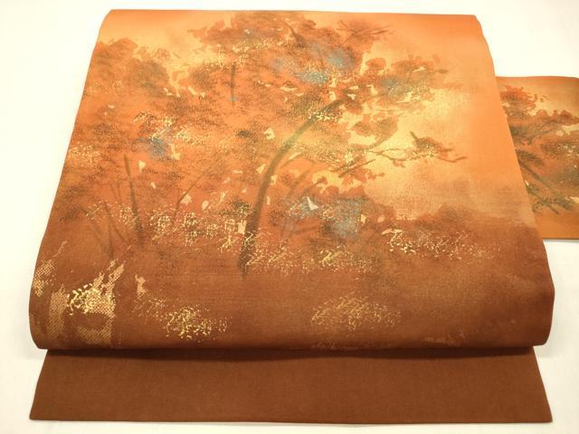 平和屋着物●塩瀬　九寸名古屋帯　ろうけつ染め　樹林文　金彩　正絹　逸品　DABA0805cm