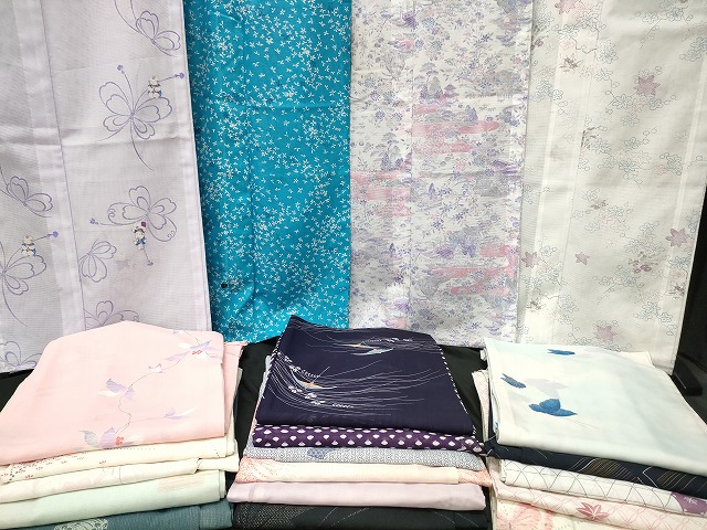 平和屋本店■夏物 小紋 絽 紗 洗える着物 まとめて20点 人物 蝶 風景 花柄 千両 暈し染め 手描き 型染め 銀彩 着用可能多数 se3862