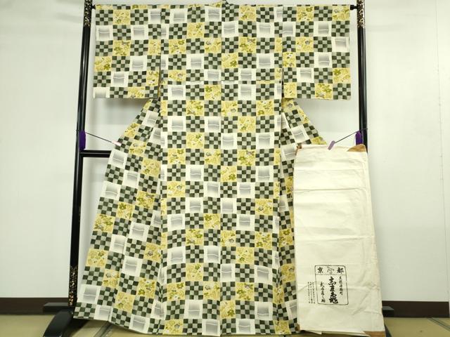 平和屋本店●極上　銀座　志ま亀　小紋　市松吉祥花竹文　鬼しぼ縮緬　たとう紙付き　逸品　DZAB2207kh6