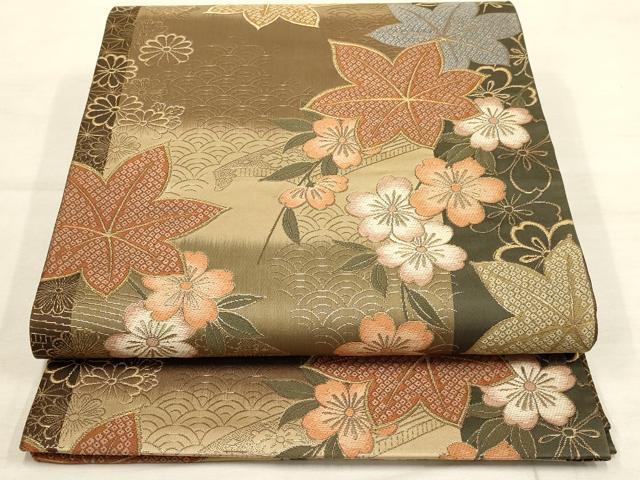 平和屋着物●六通柄袋帯　草花文　金糸　正絹　逸品　AAAL2188wj