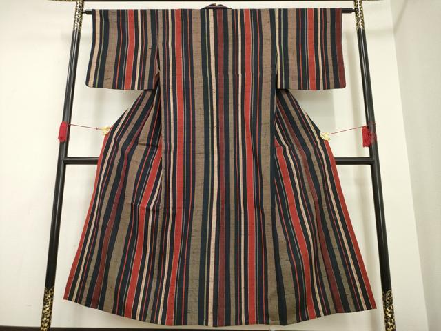 平和屋着物▽希少　ざざんざ織　伊兵衛織　単衣　縞　正絹　逸品　AAAM4290ck