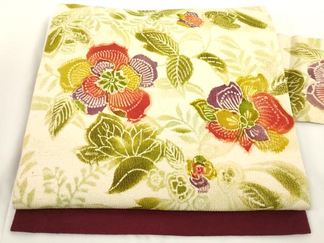 平和屋着物●九寸名古屋帯　草花文　鬼しぼ縮緬　正絹　逸品　AAAN3773az