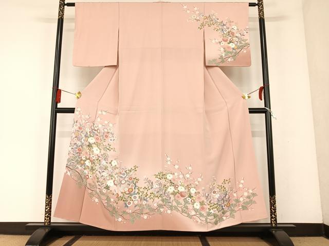 平和屋着物●訪問着　友禅　草花文　若松　暈し染め　正絹　逸品　AAAP5866zg