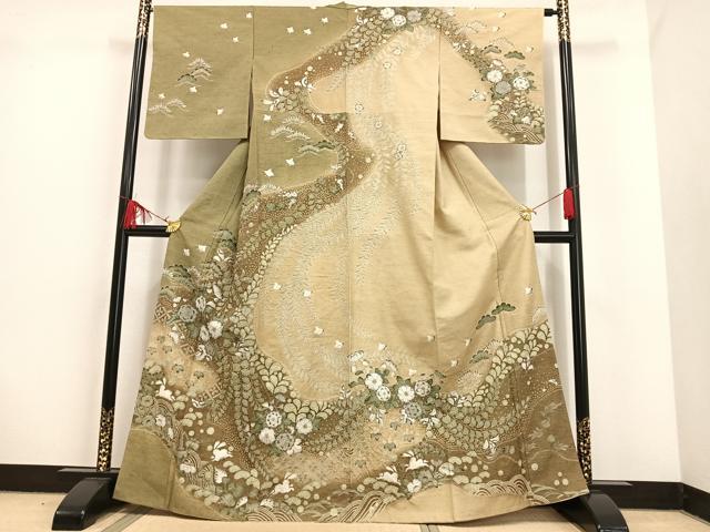 平和屋着物●創業140年　小糸染芸の四代目　小糸敏夫　訪問着　紬地　辻が花　千鳥　跳び兎　暈し染め　正絹　逸品　AAAP8092np