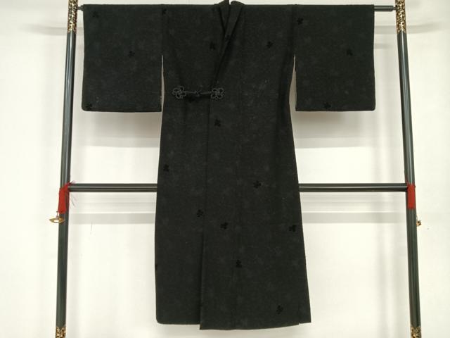 平和屋着物●道中着　輪奈ビロード　舞葉文　黒地　ロング丈　正絹　逸品　AAAP9338zg