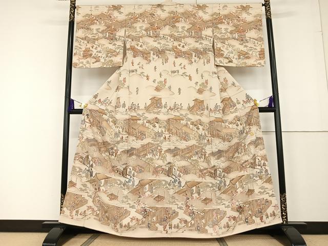 平和屋着物●訪問着　中国三大刺繍　汕頭刺繍　スワトウ刺繍　作家物　手描き　御所風景文　暈し染め　正絹　逸品　AAAQ0652np