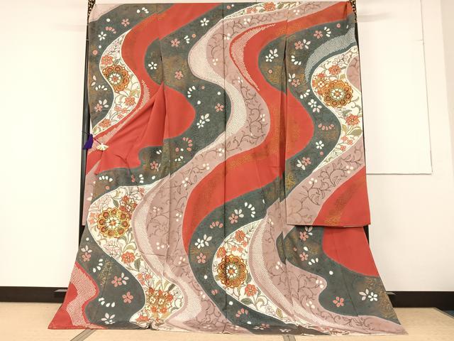 平和屋着物●十日町 名門青柳謹製　草木染　振袖　駒刺繍　絞り　正倉院花唐草　金彩　仮絵羽　正絹　逸品　未使用　AAAQ0691np