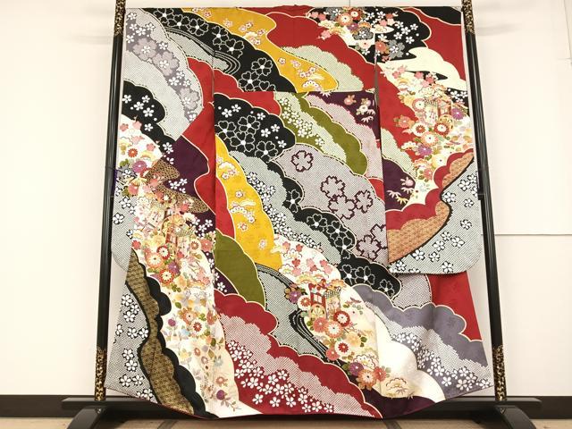 平和屋着物●豪華振袖　駒刺繍　御所車花文　金彩　正絹　逸品　AAAQ0721np