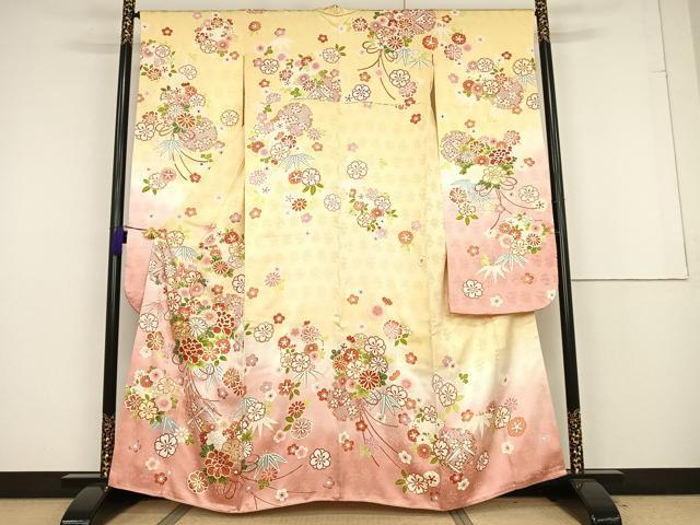平和屋着物●豪華振袖　駒刺繍　雪輪草花文　暈し染め　金彩　正絹　逸品　AAAQ0757np