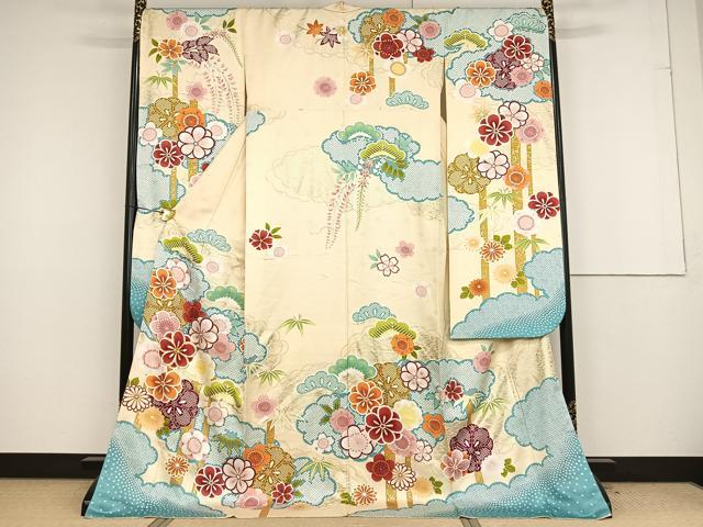 平和屋着物●豪華振袖　駒刺繍　雲取り草花文　金彩　正絹　逸品　AAAQ0760np