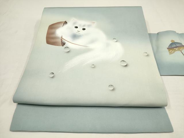 平和屋着物●塩瀬　九寸名古屋帯　作家物　手描き　猫　正絹　逸品　AAAQ7625wj
