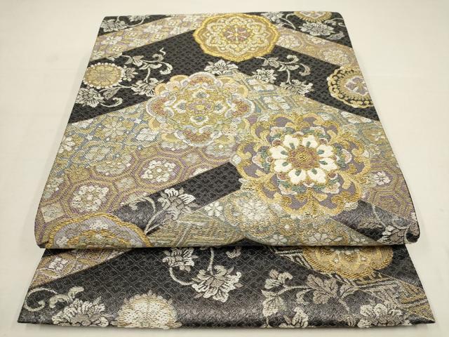 平和屋着物●六通柄袋帯　吉祥草花文　モール　黒地　金銀糸　正絹　逸品　AAAQ7648wj