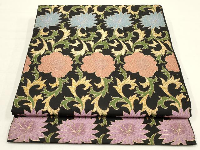 平和屋着物●六通柄袋帯　唐織　草花文　黒地　金糸　三越扱い　正絹　逸品　AAAQ7661wj