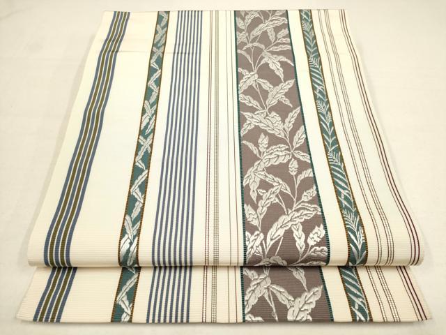 平和屋着物●本場筑前博多織　八寸名古屋帯　枝葉間道　銀糸　正絹　逸品　AAAQ7810wj