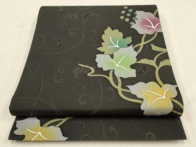 平和屋着物●塩瀬　全通柄袋帯　蔦葉文　黒地　正絹　逸品　AAAQ7811wj