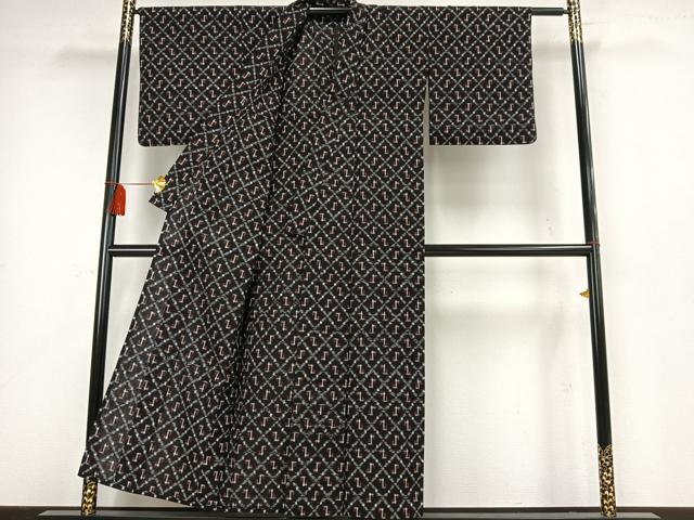 平和屋着物○久留米絣 単衣 幾何学花文 黒地 綿 逸品 AAAV7445zg