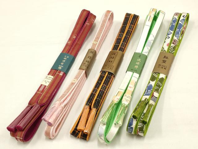 平和屋着物●和装小物　上質な帯締め5本セット　本場琉球絣　紅型　逸品　全て未使用　AAAR6773ay