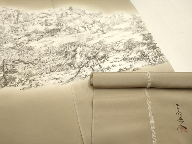 平和屋着物●琉染の創設者　山岡古都　水墨書　付下げ　解き反物　山水花風円森の四季　浜ちりめん　正絹　逸品　AAAR7822uw