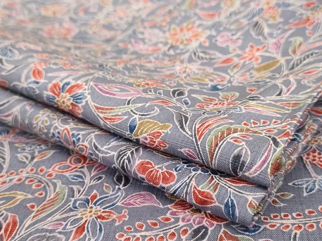 平和屋着物▽上質な小紋　単衣　紬地　更紗花鳥文　正絹　逸品　AAAS3050iu