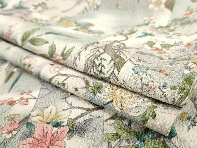 平和屋着物▽上質な小紋　単衣　短冊花鳥文　金彩　鬼しぼ縮緬　ロング丈　正絹　逸品　未使用　AAAS3062iu