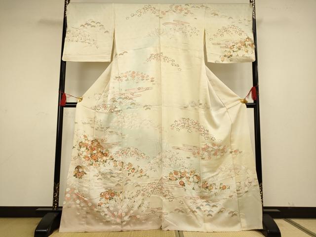 平和屋着物▽訪問着　単衣　駒刺繍　貝桶草花文　暈し染め　金彩　正絹　逸品　AAAS4962fy