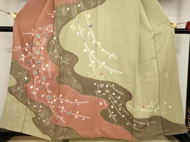 平和屋着物○訪問着 作家物 絞り 流水枝垂れ花文 金彩 正絹 逸品