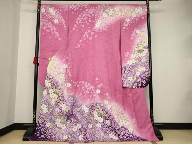平和屋着物●豪華振袖　駒刺繍　花車文　暈し染め　金彩　ロング丈　正絹　逸品　AAAS6697ck