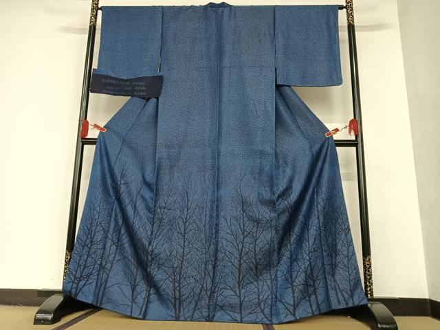 平和屋着物●藍造り国選定無形文化財　藍師・佐藤昭人　訪問着　徳島県阿波天然藍染　草木文　銀通し地　反端付き　正絹　逸品　AAAT0208zg