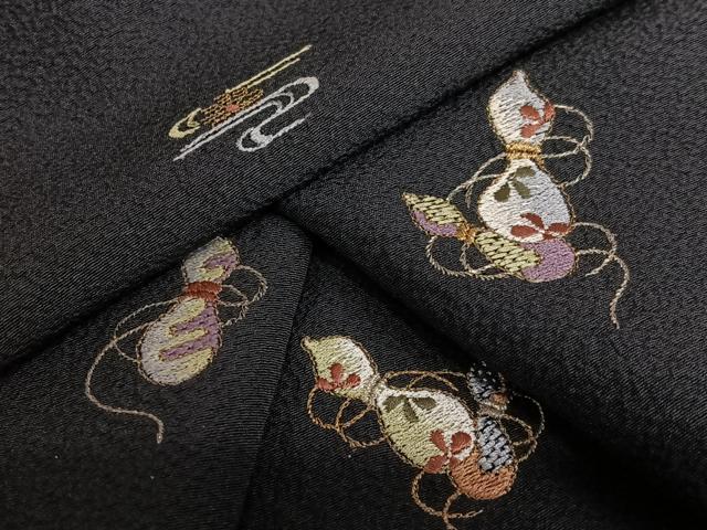 平和屋着物●訪問着　刺繍　瓢箪花文　黒地　正絹　逸品　AAAT0607zg