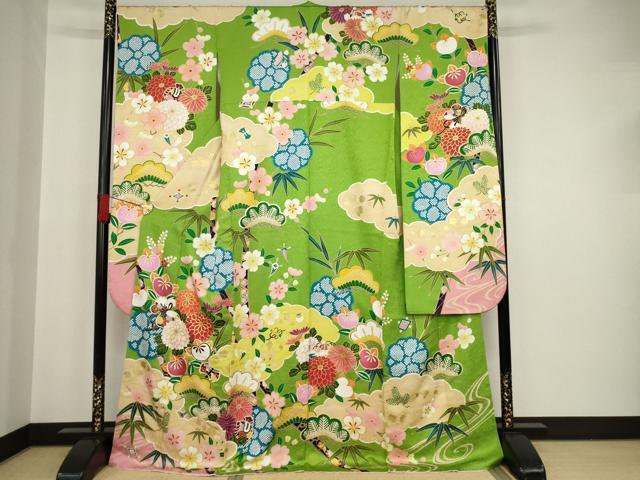 平和屋着物●豪華振袖　駒刺繍　吉祥花文　金彩　正絹　逸品　AAAT0902ck