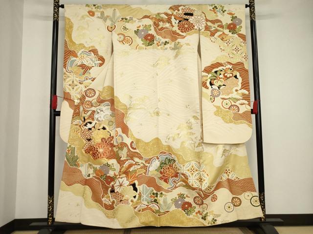 平和屋着物●豪華振袖　駒刺繍　道長花文　金彩　金通し地　正絹　逸品　AAAT0906ck