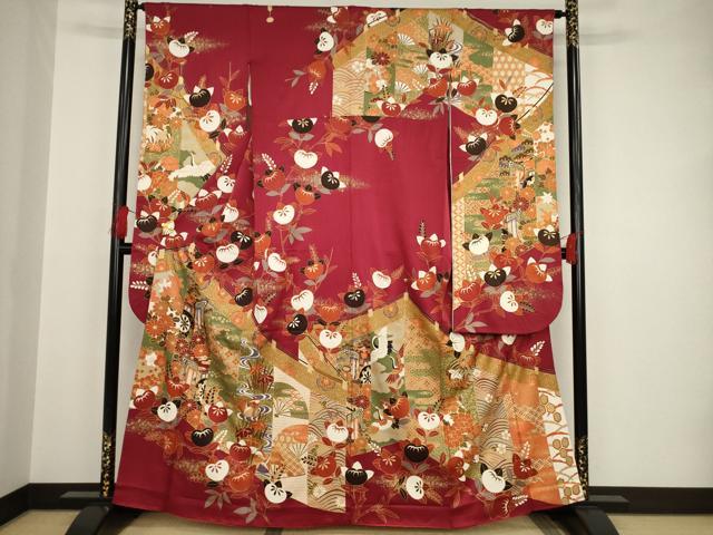平和屋着物●豪華振袖　幔幕御所車飛鶴花文　金彩　正絹　逸品　AAAT0909ck