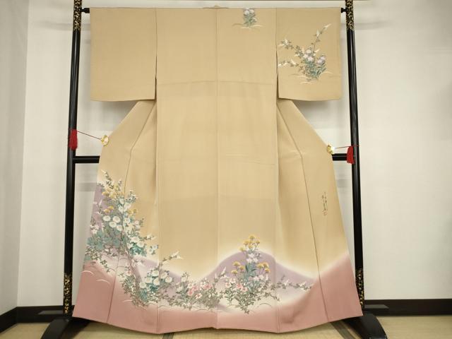 平和屋着物●英王室献上友禅作家　木下勝功　訪問着　草花文　暈し染　正絹　逸品　AAAT0915ck