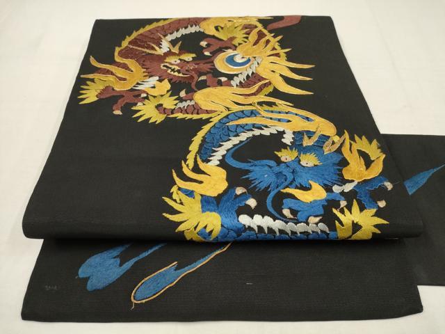平和屋着物●アンティーク　大正ロマン　九寸名古屋帯　刺繍　龍　黒地　金銀糸　正絹　逸品　AAAT1263wj