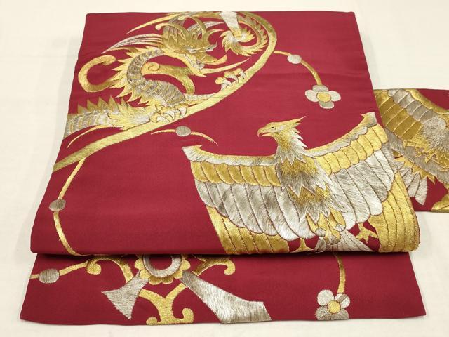 平和屋着物●アンティーク　大正ロマン　九寸名古屋帯　刺繍　龍　鷹　金銀糸　正絹　逸品　AAAT1310wj