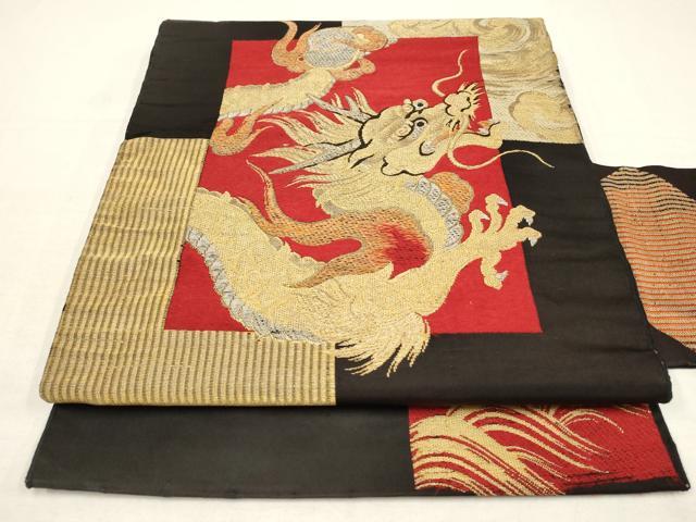 平和屋着物●アンティーク　大正ロマン　九寸名古屋帯　龍　黒地　金糸　正絹　逸品　AAAT1311wj