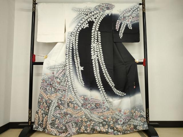 平和屋着物●訪問着　作家物　辻が花　舞花文　暈し染　黒地　正絹　逸品　未使用　AAAT2203ck