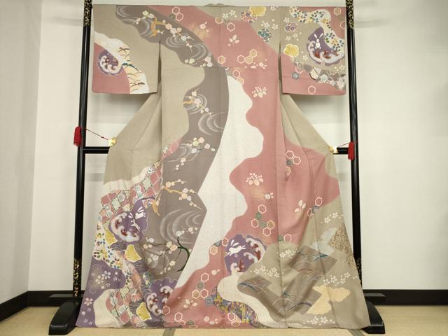 平和屋着物●訪問着　雪輪兎花文　金彩　ロング丈　正絹　逸品　AAAT2233ck