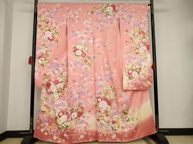 平和屋着物●豪華振袖　駒刺繍　花鞠文　暈し染　金彩　銀通し地　正絹　逸品　AAAT2263ck