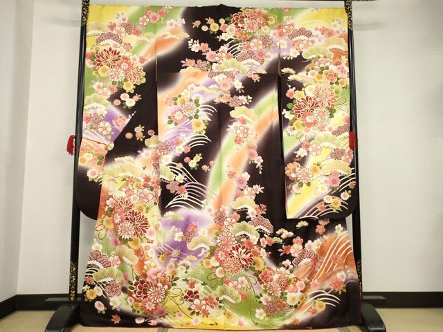 平和屋着物●豪華振袖　刺繍　扇面花文　暈し染め　金糸　金彩　ロング丈　正絹　逸品　AAAT2265ck
