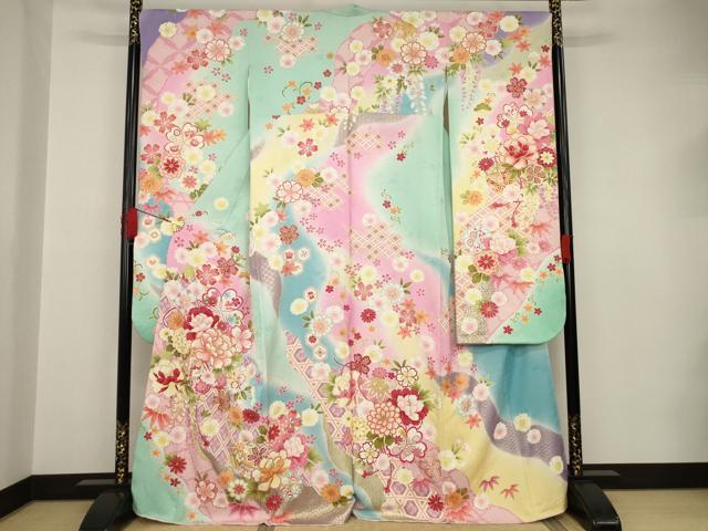 平和屋着物●豪華振袖　刺繍　吉祥舞花文　暈し染　金銀糸　金彩　正絹　逸品　AAAT2274ck