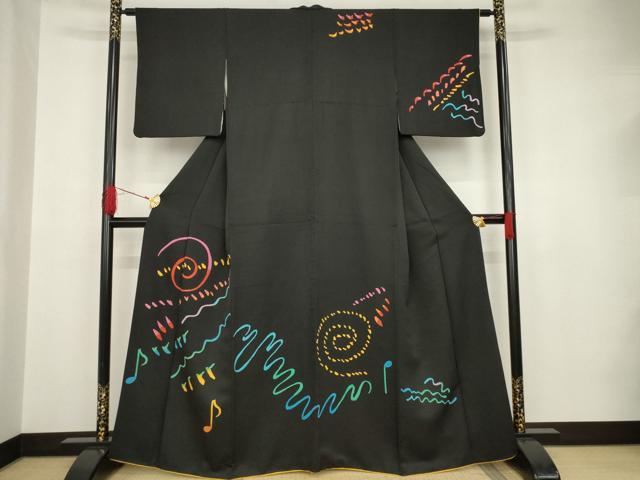 平和屋着物●訪問着　音符　旋律　黒地　正絹　逸品　AAAT2277ck