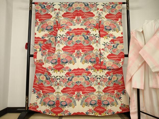平和屋着物●豪華振袖・長襦袢(袷)セット　本場琉球紅型　扇面花文　鬼しぼ縮緬　正絹　逸品　AAAT2299ck