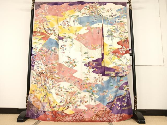 平和屋着物●紫綬褒章　巨匠『岩田専太郎』　振袖　駒刺繍　御所車草花文　金彩　正絹　逸品　AAAT3010np