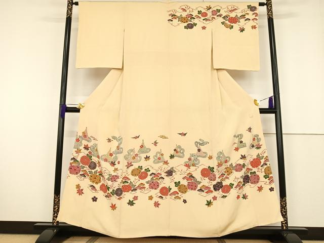 平和屋着物●人間国宝 芹沢圭介一番弟子　下平清人　訪問着　型染め　流水草花飛鳥文　正絹　逸品　AAAT3012np