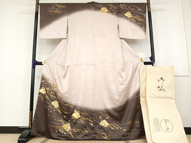 平和屋着物●銀座きしや　訪問着　駒刺繍　立波扇草花文　暈し染め　金糸　金彩　たとう紙付き　正絹　逸品　AAAT3034np