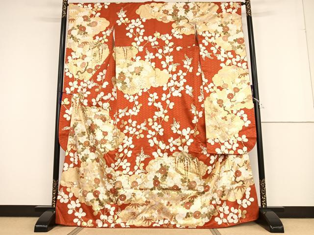 平和屋着物●十日町老舗ブランド　吉澤友禅　吾妻徳穂　振袖　駒刺繍　枝花文　金糸　金彩　正絹　逸品　AAAT3062np
