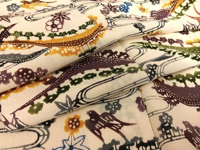 平和屋着物●紅型　小紋　遠山花鳥文　鬼しぼ縮緬　正絹　逸品　AAAT3110np