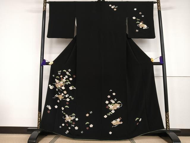 平和屋着物●訪問着　友禅　駒刺繍　松竹梅花筏　黒地　金彩　鬼しぼ縮緬　高島屋扱い　正絹　逸品　AAAT3115np