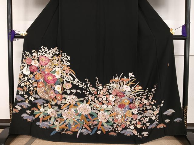 平和屋着物○本加賀友禅作家 百貫華峰 黒留袖 花陶器